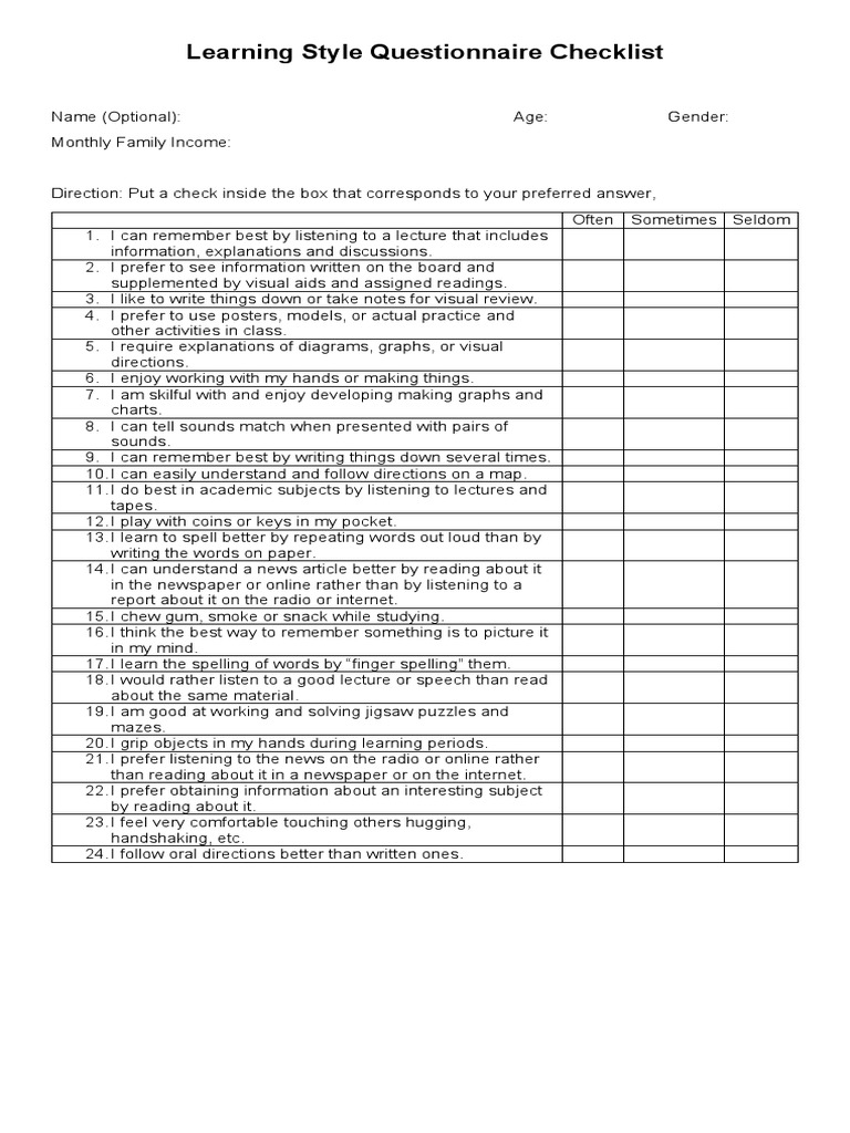 Learning Style Questionnaire Checklist Ortega | PDF