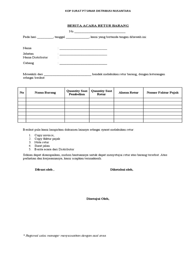 Format Berita Acara Retur Barang | PDF