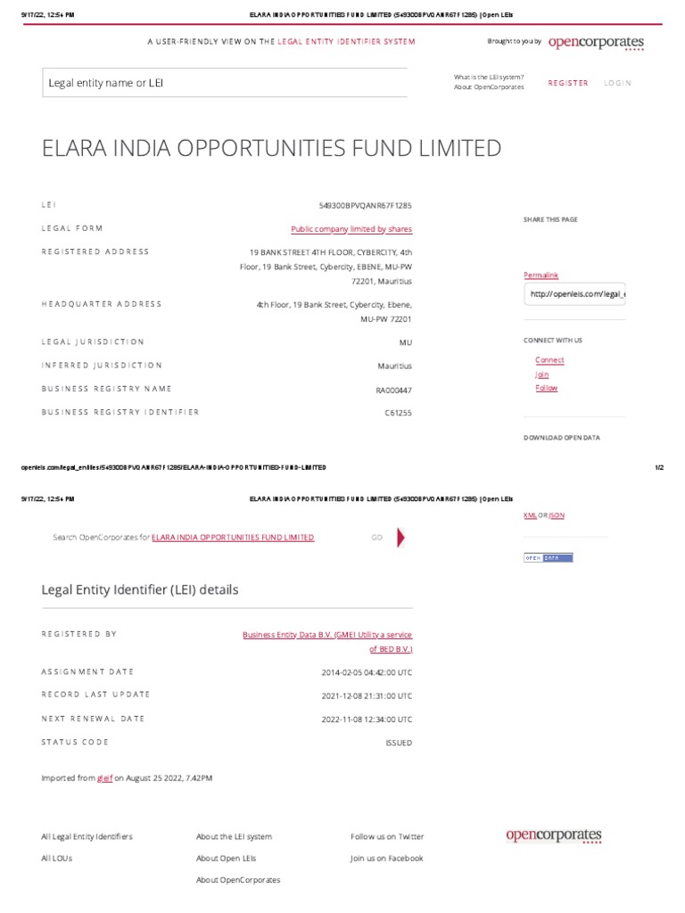 ELARA INDIA OPPORTUNITIES FUND LIMITED (549300BPVQANR67F1285) - Open LEIs | PDF | Software ...