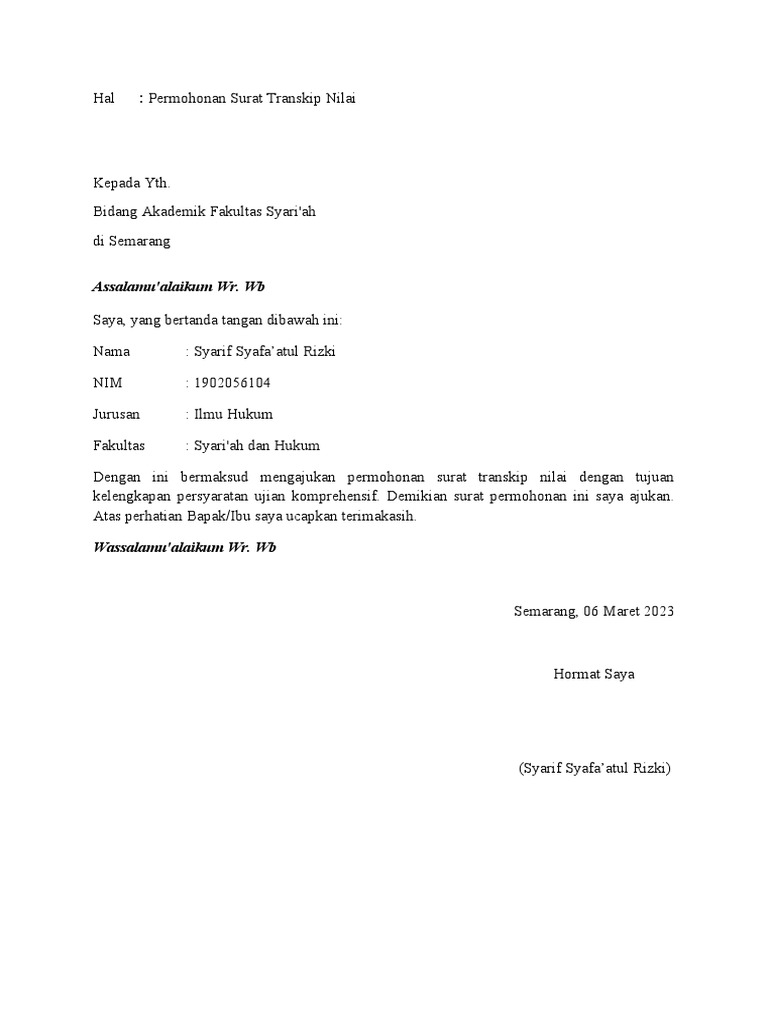 Surat Permohonan Transkip Nilai Syarif Syafa'Atul Rizki | PDF