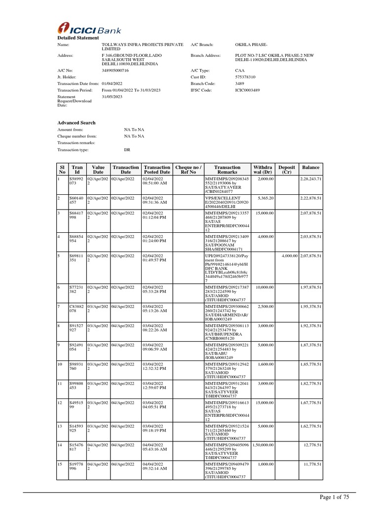 Icici Bank Statement 2022-23 | PDF