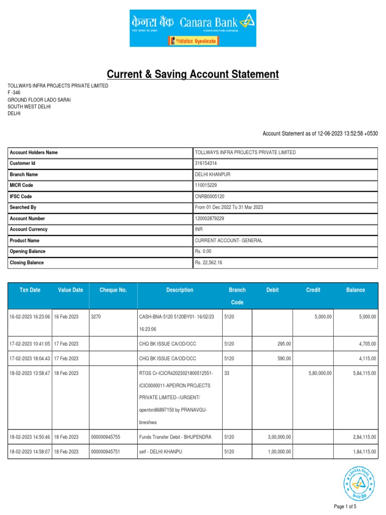 Canara Bank Statement | PDF