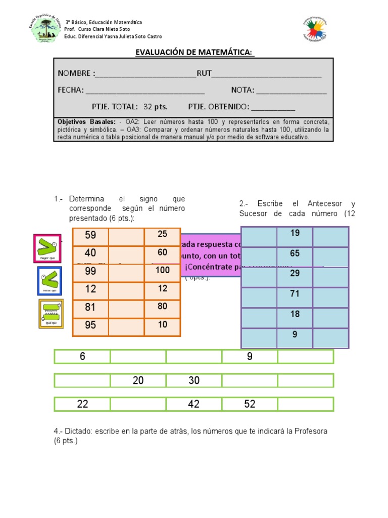 PRUEBA 3° MATEMÁTICA NÚMEROS 0-100 ALONSO | PDF