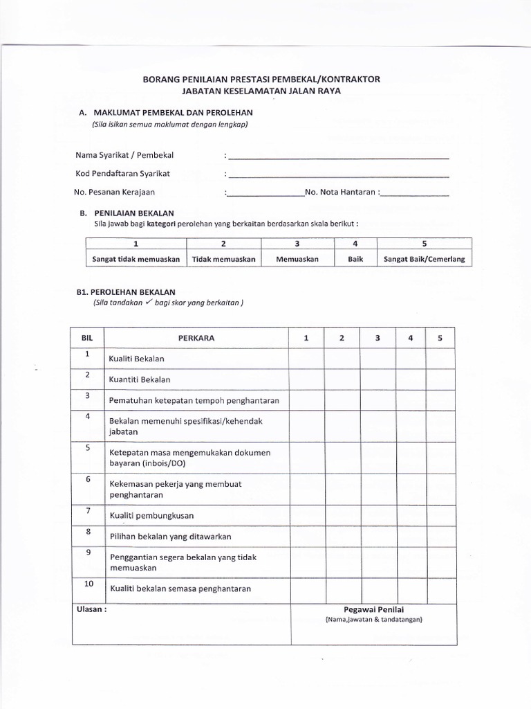 Borang Contoh Penilaian Prestasi Pembekal | PDF
