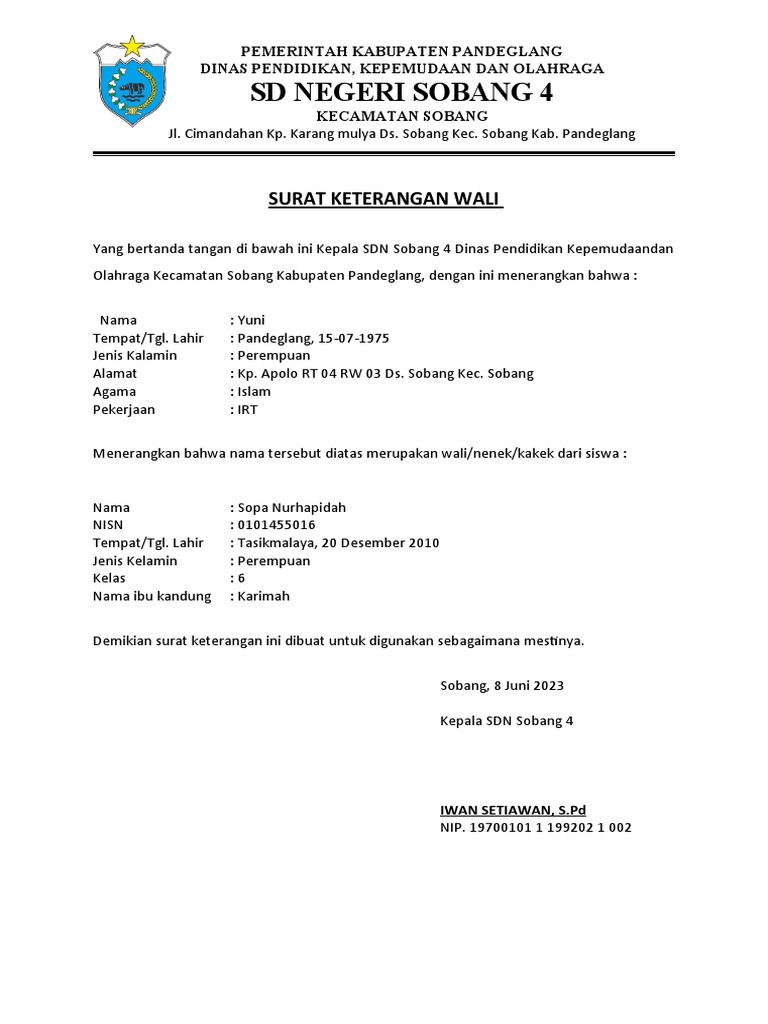 SURAT KETERANGAN WALI | PDF