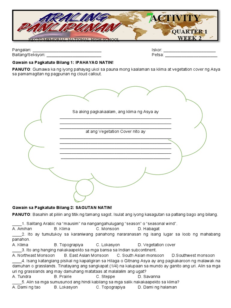 ANSWER SHEET Q1 Week 2 | PDF