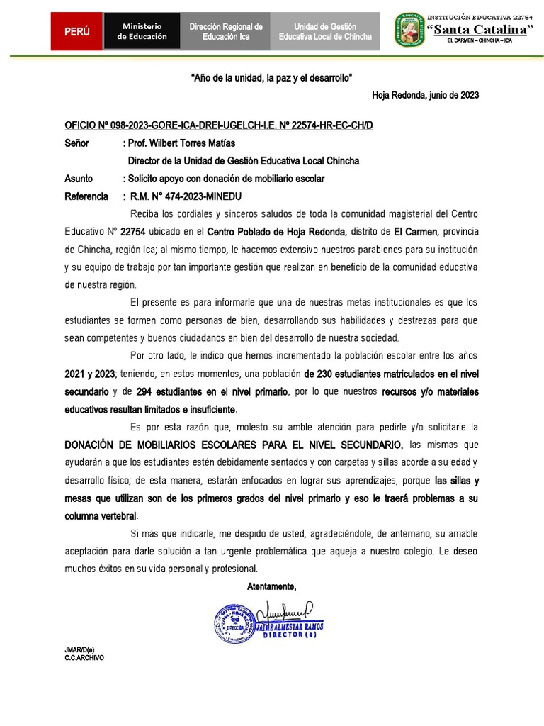 Oficio #098-2023 Solicito Pedido de Mobiliario Escolar 2023 | PDF