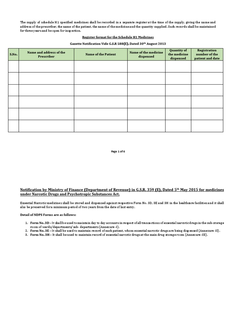 Attachment A, Schedule H1 Register and NDPS Forms | PDF