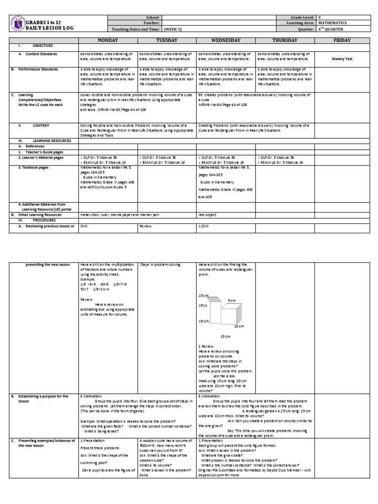 DLL - Mathematics 5 - Q4 - W5 | PDF | Mathematics | Volume