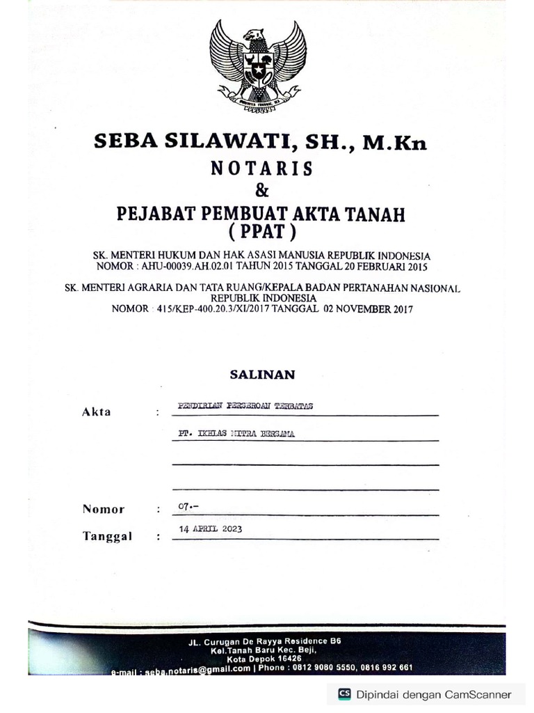 Susunan Pengurus, Akte, NPWP Pt. Ikhlas Mitra Bersama | PDF