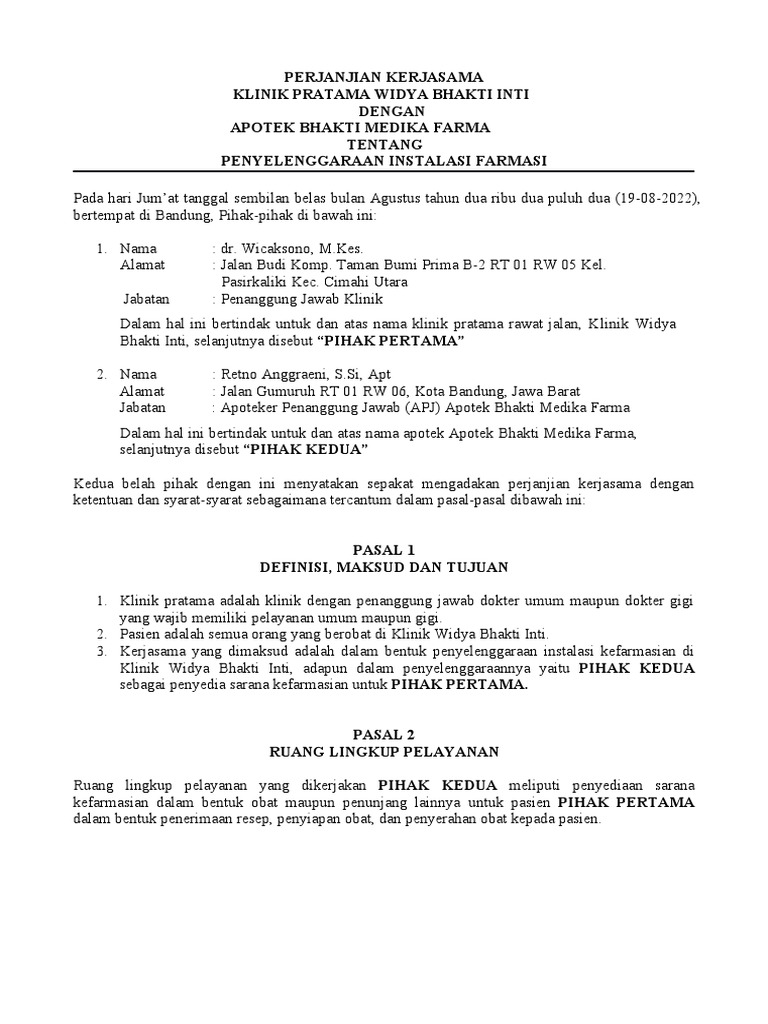 Perjanjian Kerjasama Klinik Wbi Dan Apotek 2022 Pdf