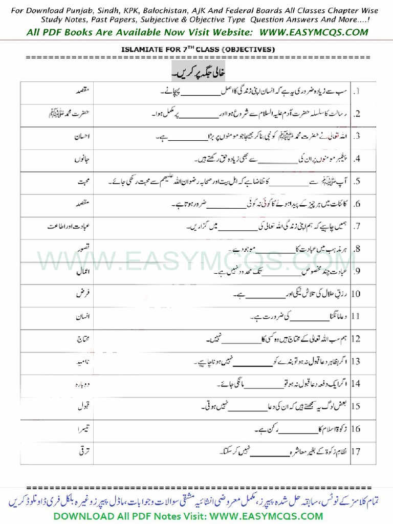 7th Islamiat MCQs Federal Board 2020 Notes-1 | PDF