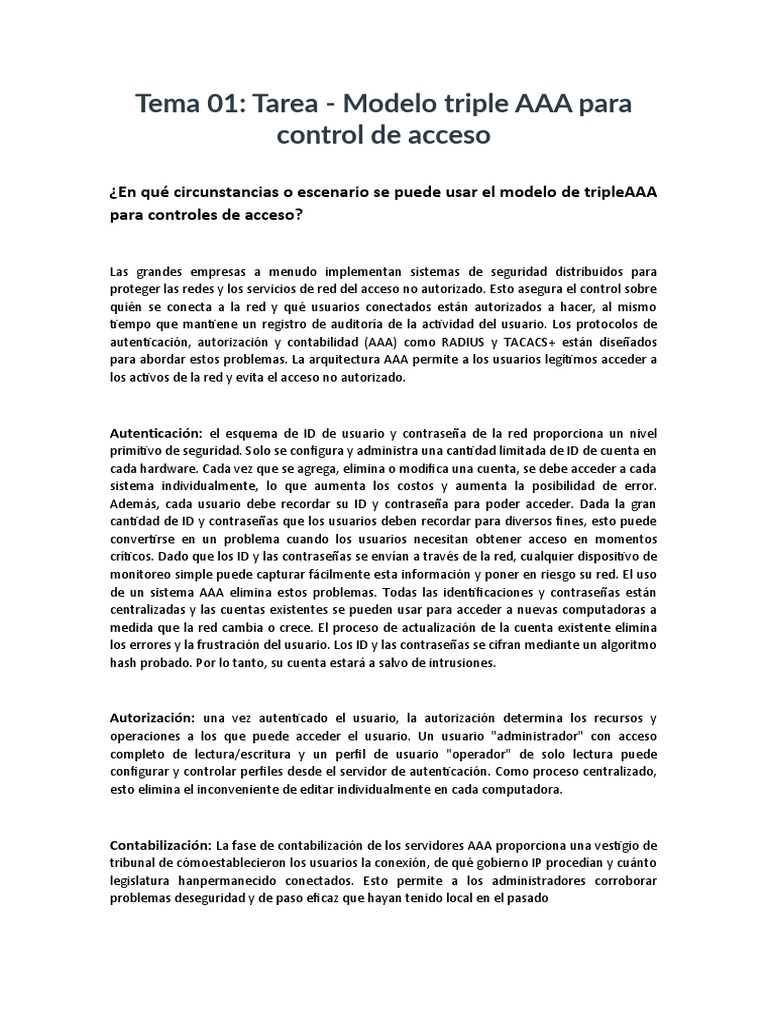 Tema 01 Tarea - Modelo Triple AAA para Control de Acceso | PDF ...