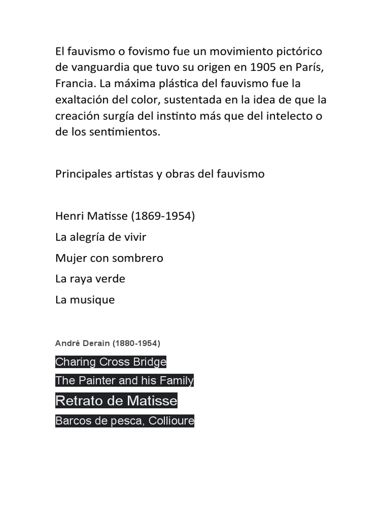 El Fauvismo o Fovismo Fue Un Movimiento Pictórico de Vanguardia Que ...