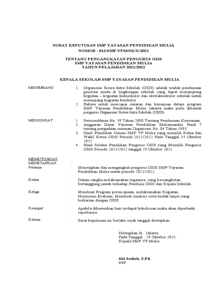 SK OSIS SMP YP Mulia 2021-2022 | PDF