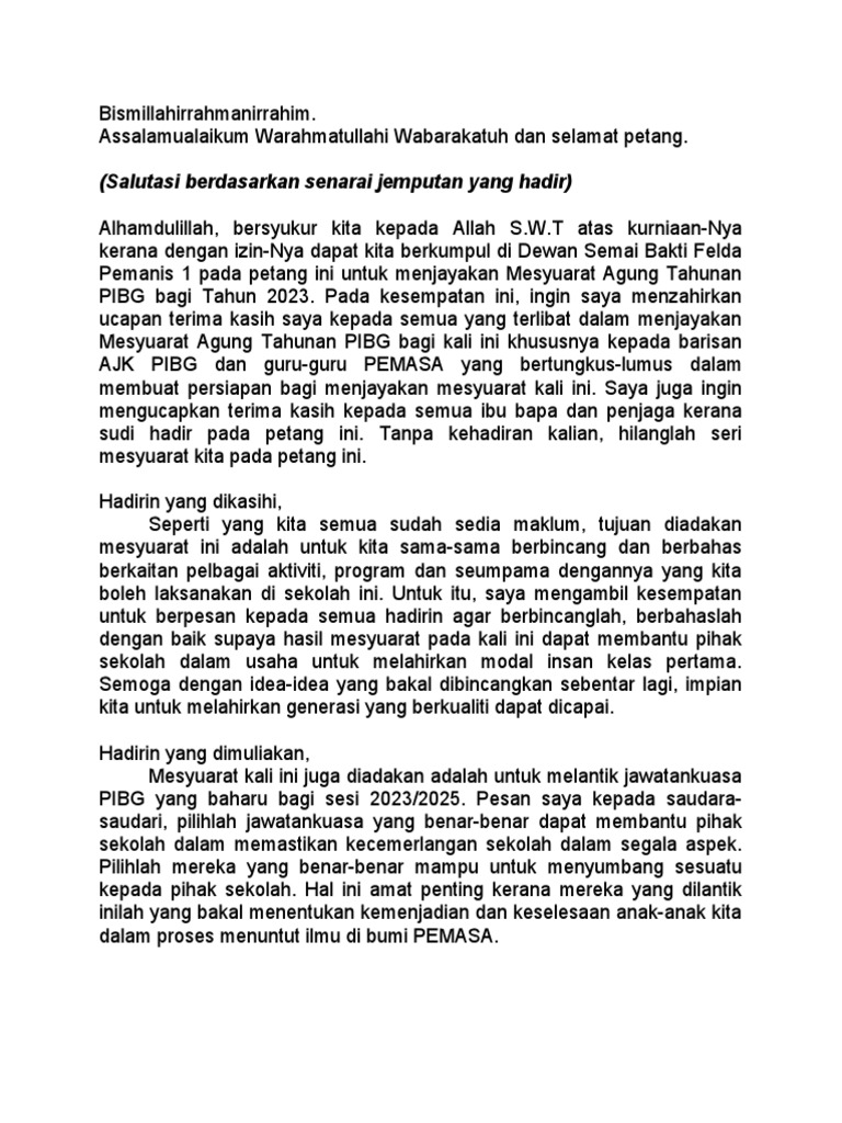 Teks Ucapan Ydp - Mesyuarat Agung Tahunan Pibg 2023 | PDF