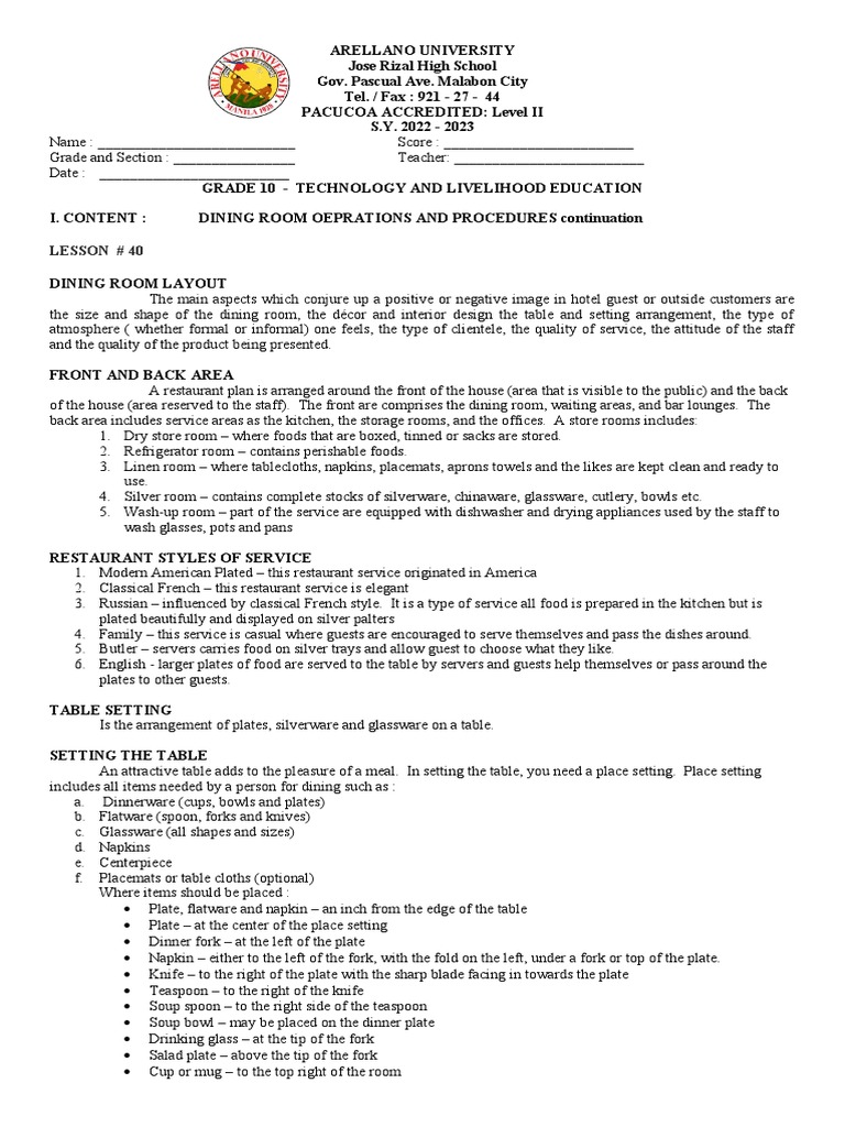 Grade-10-Lesson - 40 - Dining Room Operations and Procedures Continuation-Au-Jrhs-Mrs-Pag-Asa ...