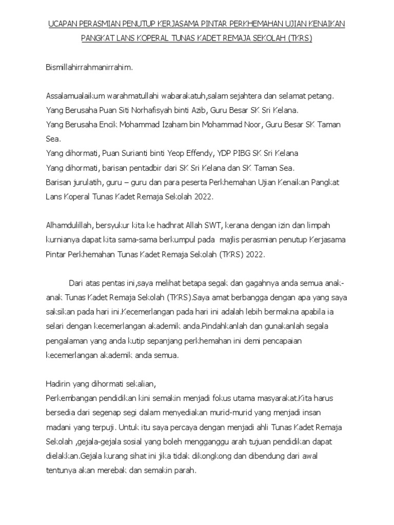 Teks Ucapan Perasmian Penutup Perkhemahan TKRS SKSK 2022 | PDF | Gaya Hidup
