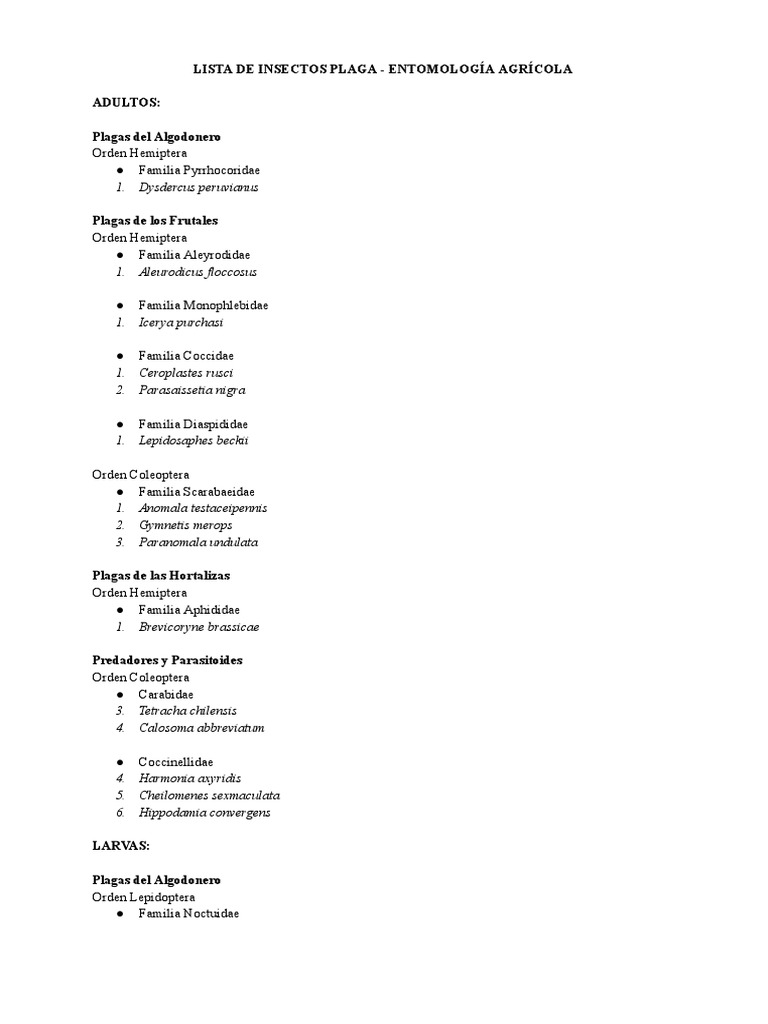 Lista de Insectos Plaga - CAJA Entomología Agrícola | PDF