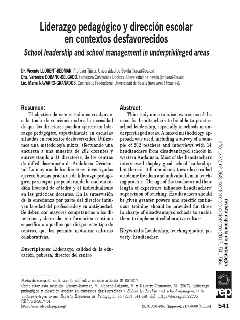 Liderazgo Pedagogico y Direccion Escolar en Contextos Desfavorecidos 1 | PDF | Liderazgo | Enseñando