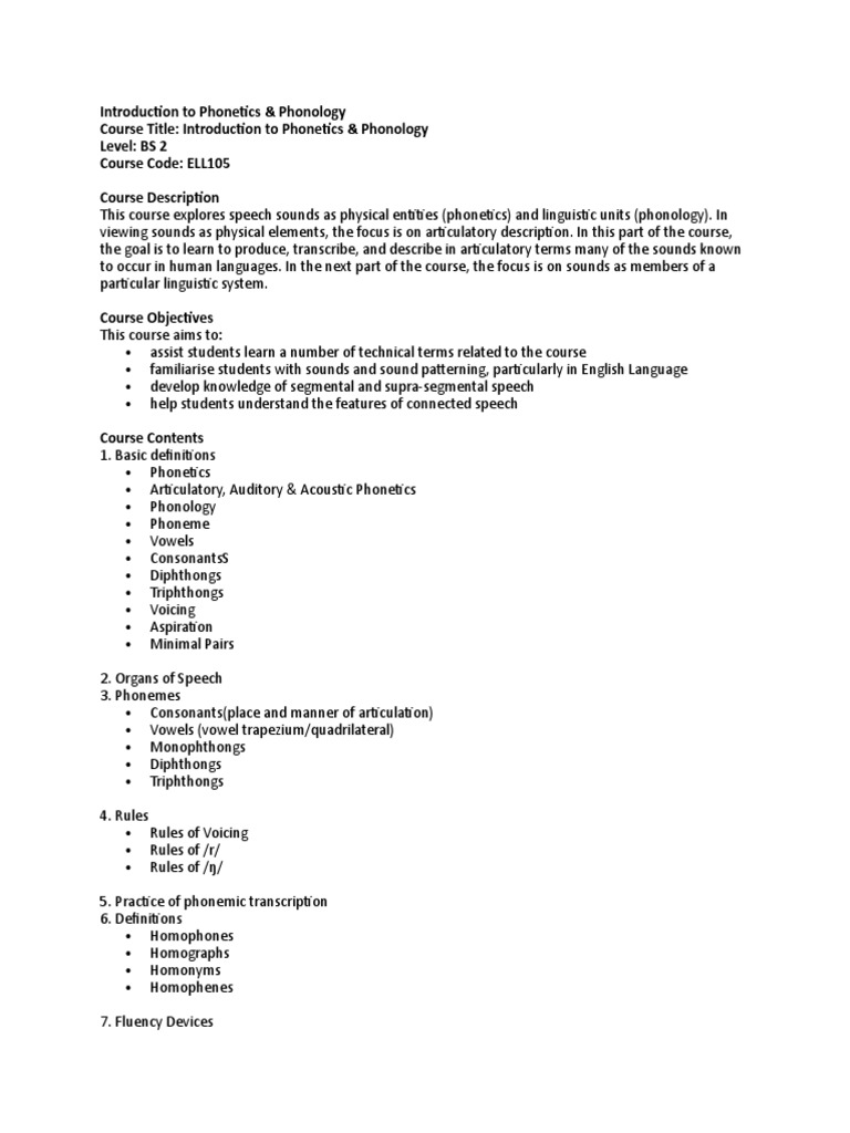 Phonetics & Phonology Course Overview | PDF | Language Arts & Discipline