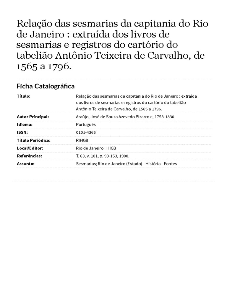 Sesmarias do Rio de Janeiro (1565-1796) | PDF