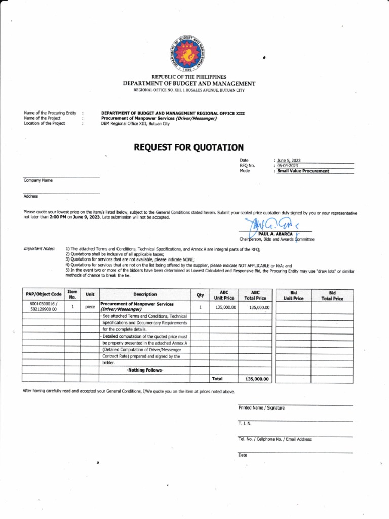 DBM Quotation For Driver Messenger | PDF