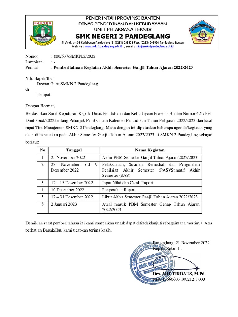 Surat Pemberitahuan Kegiatan Akhir Semester Ganjil Tahun Ajaran 2022-2023 | PDF
