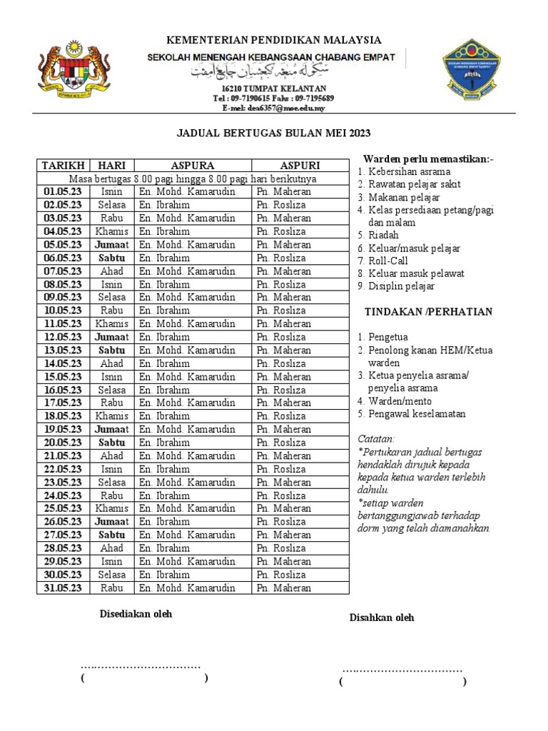 Jadual Bertugas Bulan Mei 2023 Asrama PDF | PDF