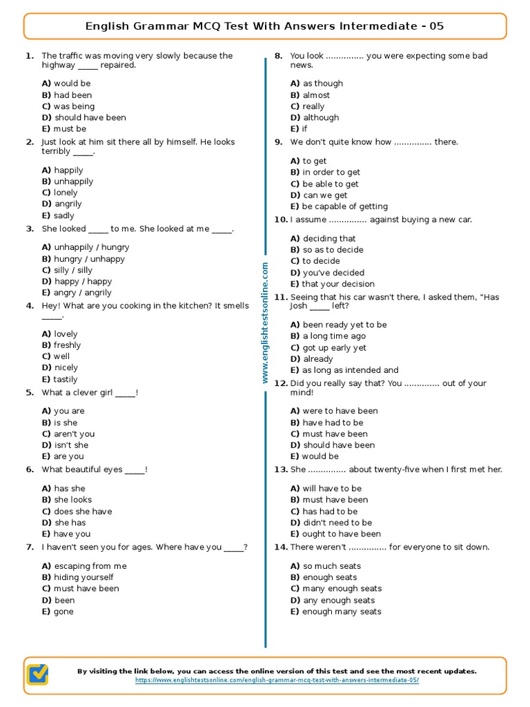 632 - English Grammar MCQ Nswers Intermediate 05 | PDF