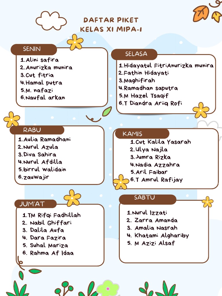 Daftar Piket Kelas Xi Mipa-Xii Iis-2022 | PDF