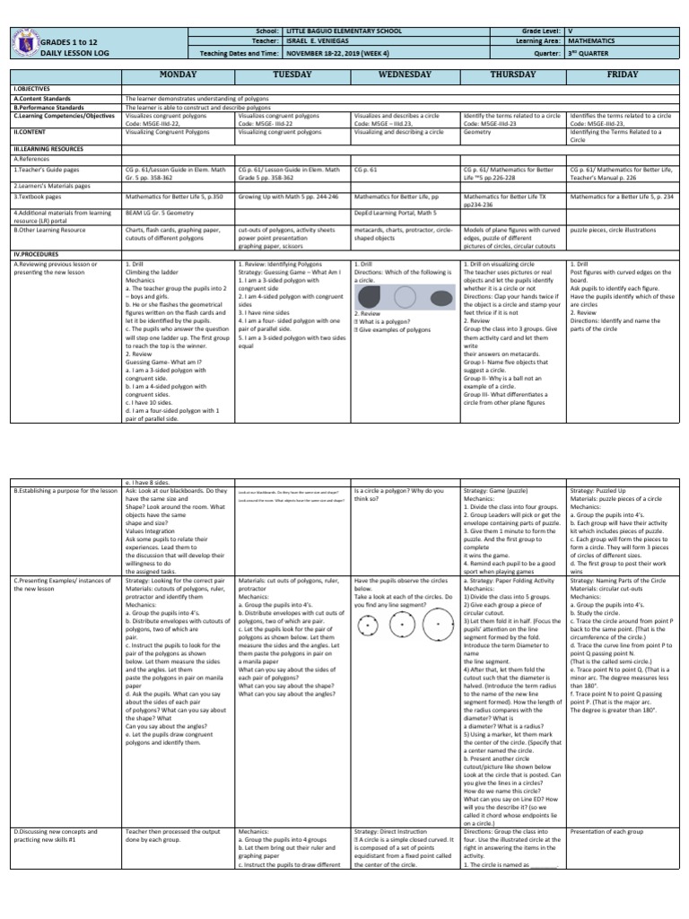 Mathematics 5 - Q3 - W4 DLL | PDF | Circle | Shape
