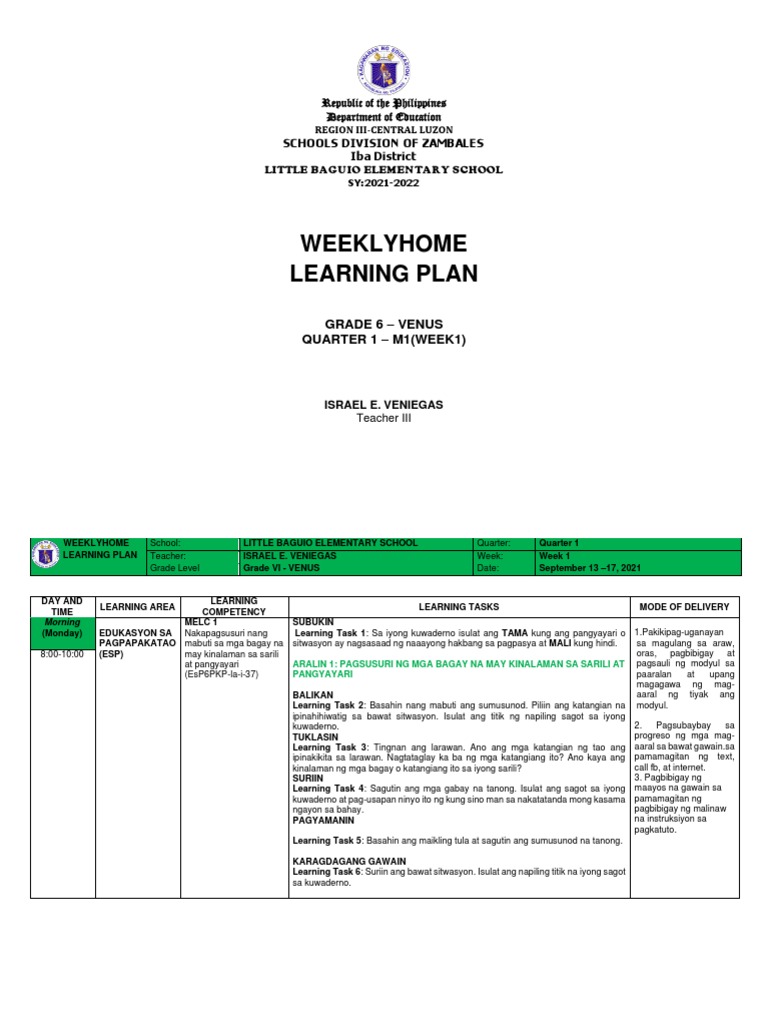 WHLP Grade 6 q1 Week 1 2021 2022 New | PDF