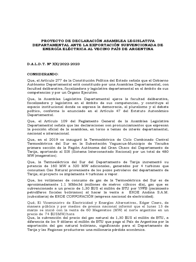 Segundo Borrador - Proyecto de Declaración | PDF | Bolivia | Vatio