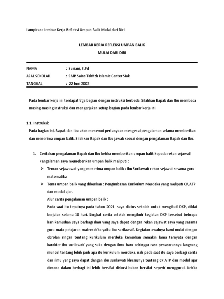 LK 1_Refleksi Umpan Balik _ Suriani, S.Pd | PDF