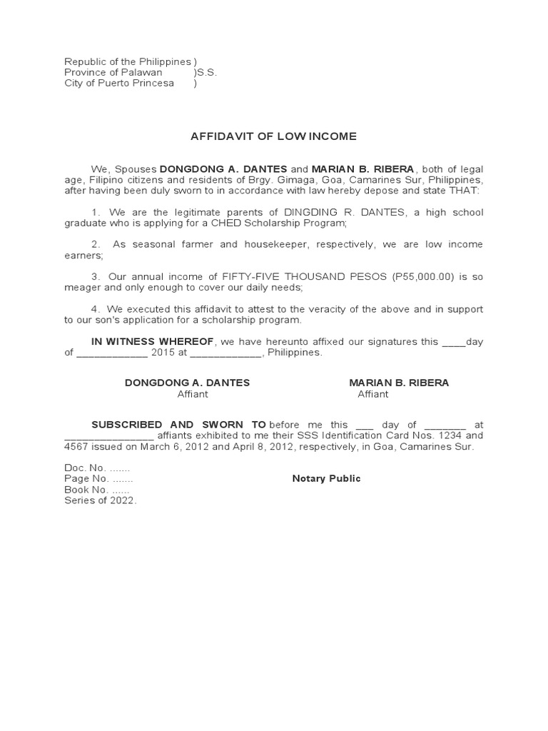 Affidavit of Low Income for Scholarship | PDF | Law