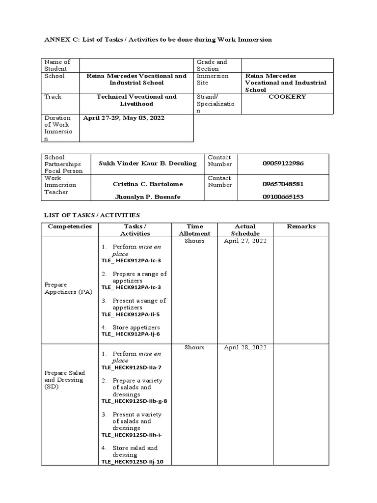 WORK-IMMERSION-ACTIVITY-COOKERY (1) | PDF