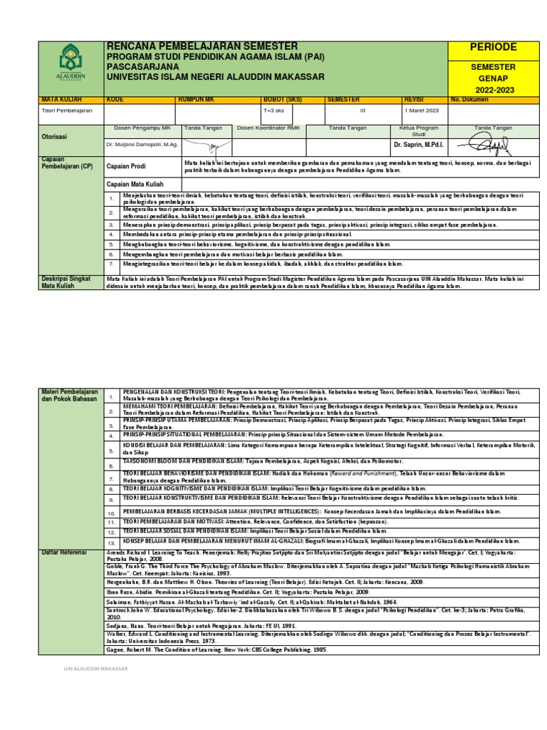 RPS MK Teori Pembelajaran S2PAI1NR 2022-2 Ok | PDF