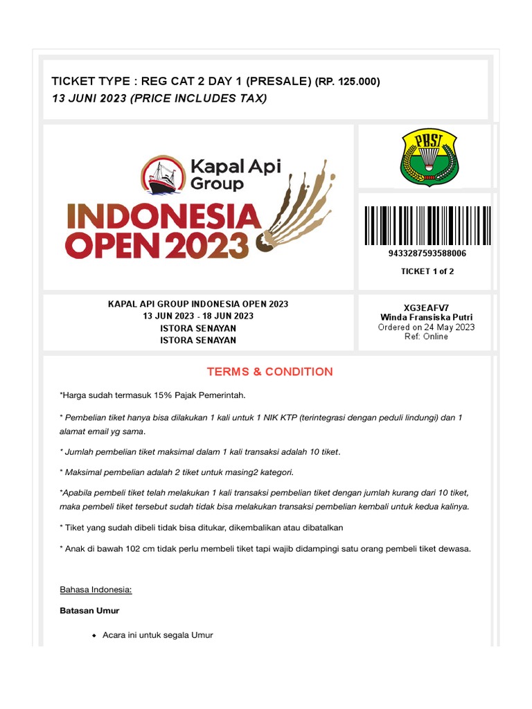 Tiket Kapal Api Group Indonesia Open 2023 | PDF