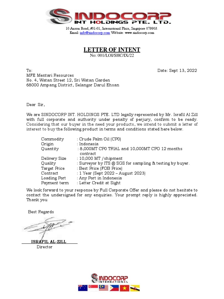 CPO Purchase Intent Letter from Sindocorp | PDF