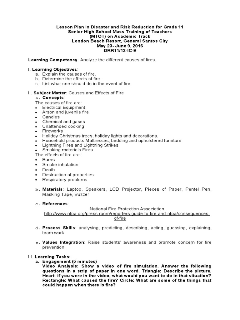 Causes of Fire Lesson Plan by ANNIE LYN SARAYNO | PDF | Fires