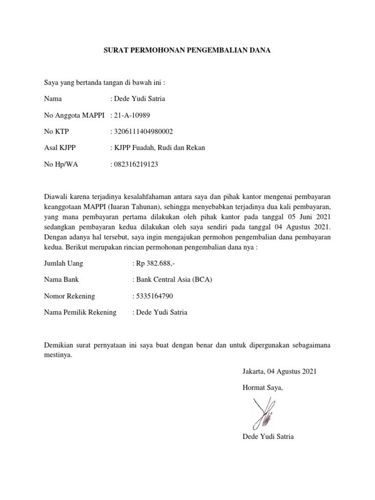 Surat Permohonan Pengembalian Dana | PDF