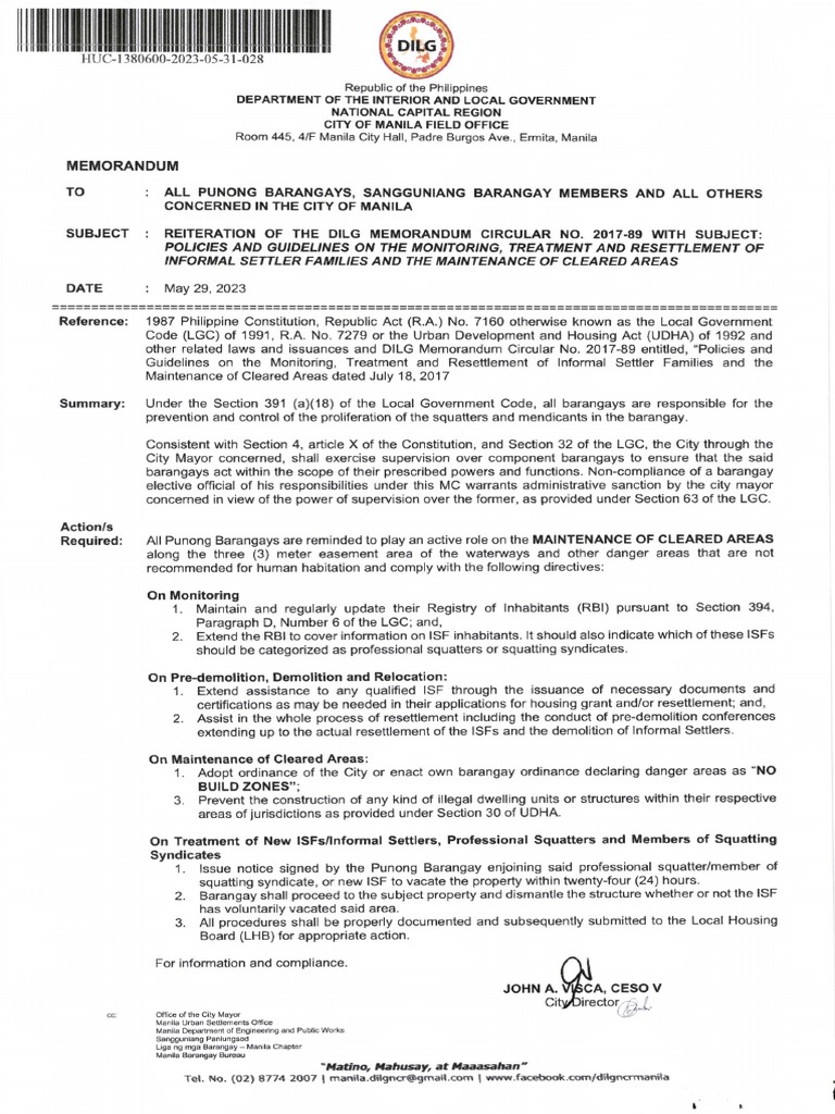 Memo On Informal Settlers May 31, 2023 | PDF