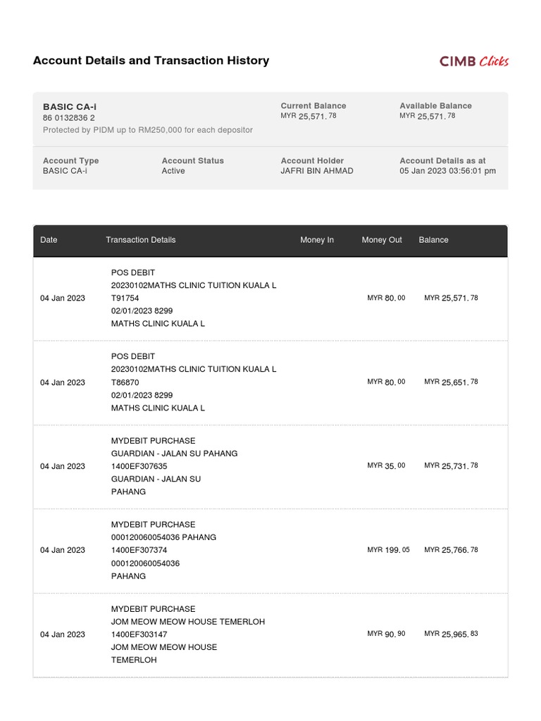 Account Details and Transaction History: Basic Ca-I | PDF | Debit Card ...