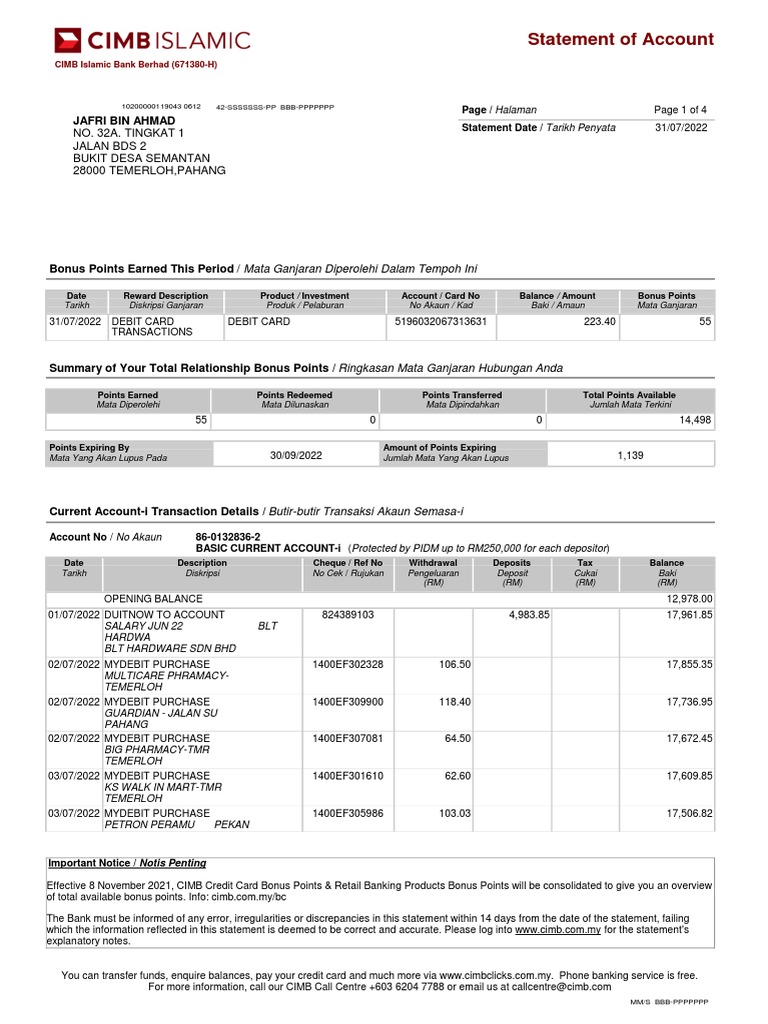 Bank Statement | PDF | Banks | Debit Card