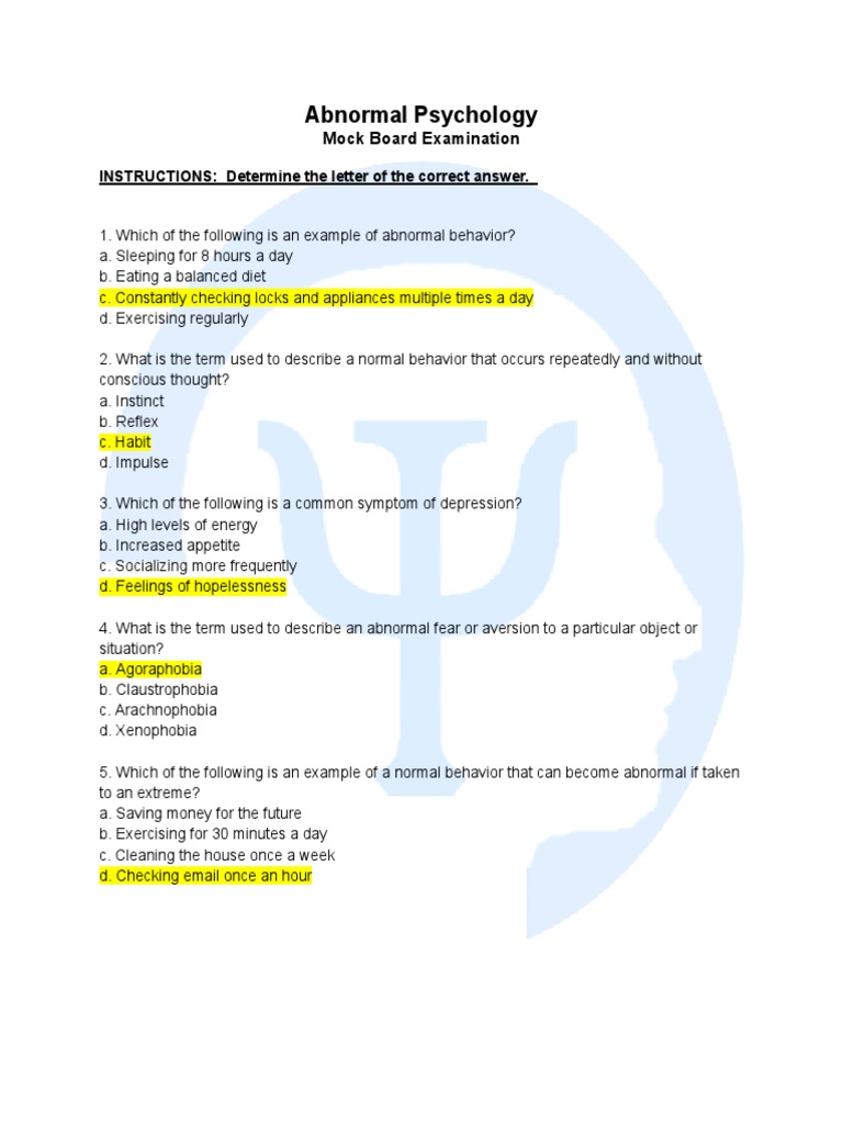 Abnormal Psychology Mock Boards_WIth Answers | PDF | Anxiety Disorder ...