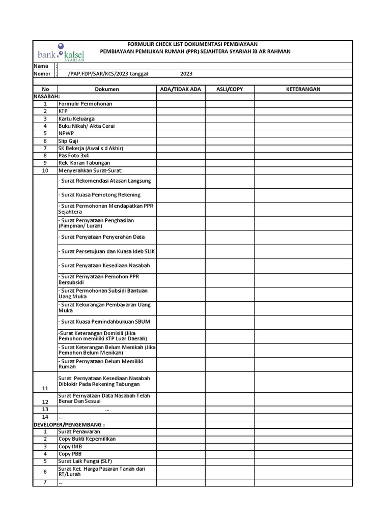 Checklist Dokumen Pembiayaan PPR | PDF