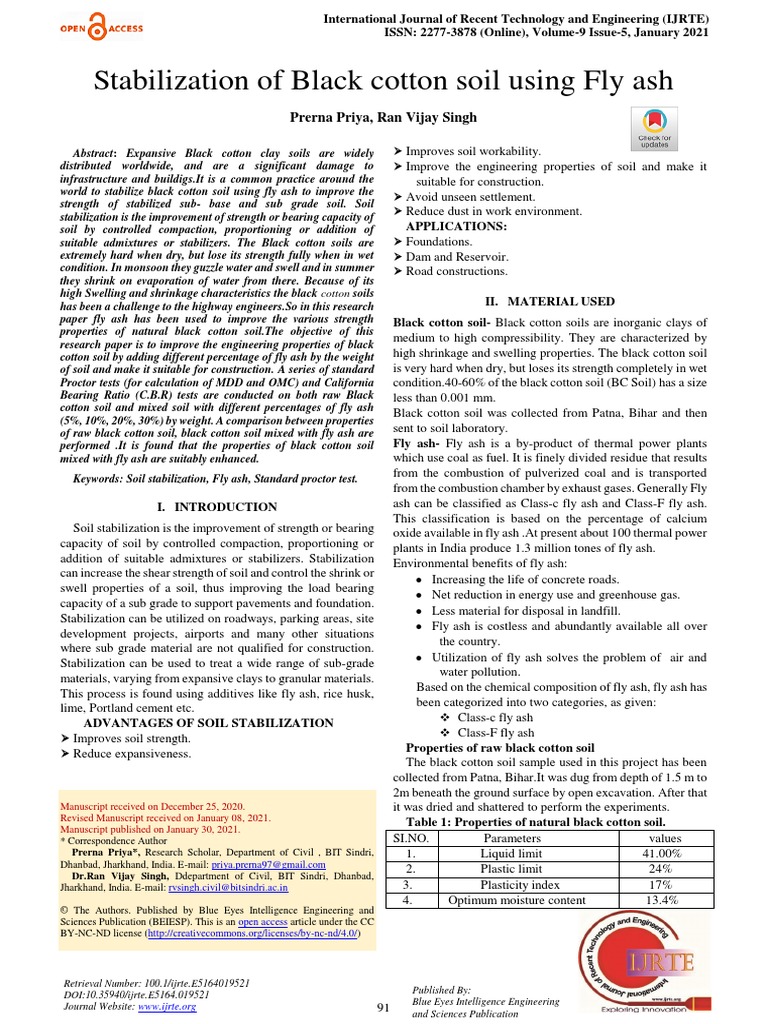 Stabilization of Black Cotton Soil Using Fly Ash: Prerna Priya, Ran Vijay Singh | PDF | Fly Ash ...