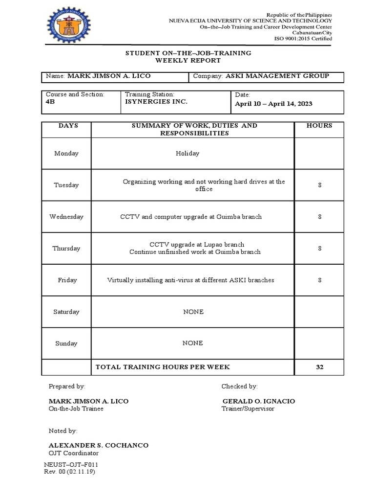Weekly OJT Report: Mark Jimson Lico | PDF