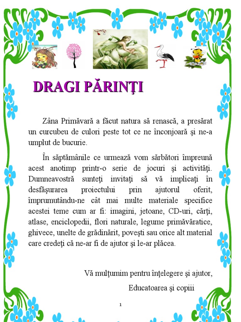 Scrisoare Pentru Parinți, Proiect Tematic Primavara Colorata | PDF